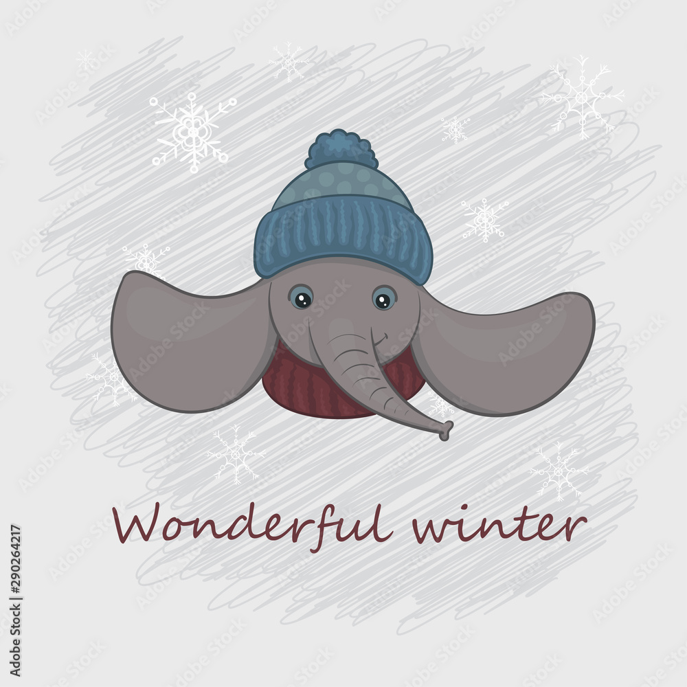 Vector illustration of a cartoon cute elephant in a warm blue cap with ...
