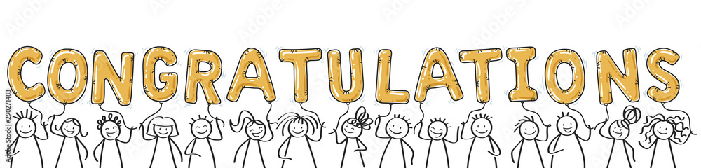 CONGRATULATIONS happy stick figures holding golden balloon letters ...