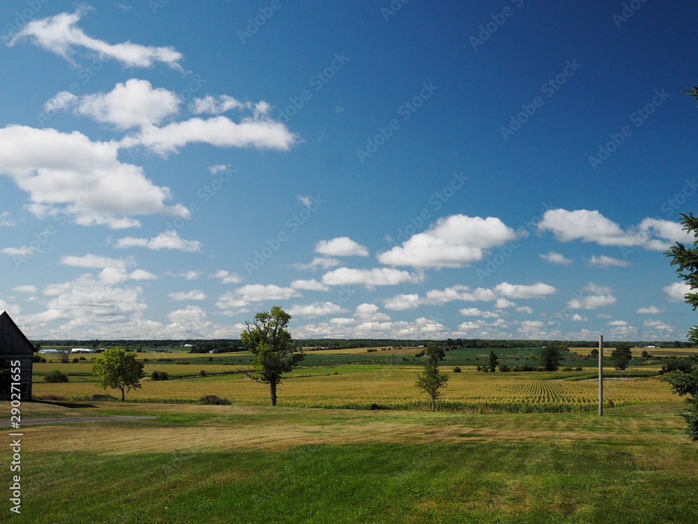 Blue sky and beautiful clouds above multi-colored farm fields of ...