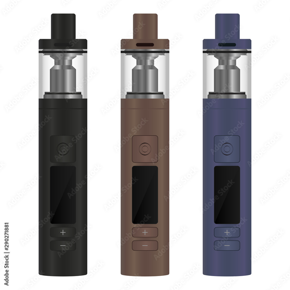 Realistic electronic cigarette concept. Box mod with a tank atomizer. 3 ...