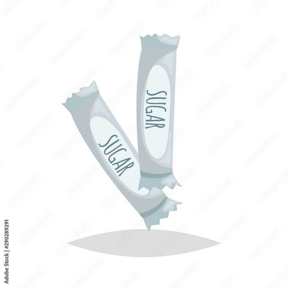Cartoon style sugar sachets. Paper sugar sticks with signs. Coffee and ...