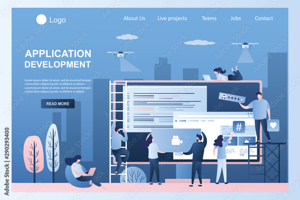 Application development landing page template. Big computer monitor ...