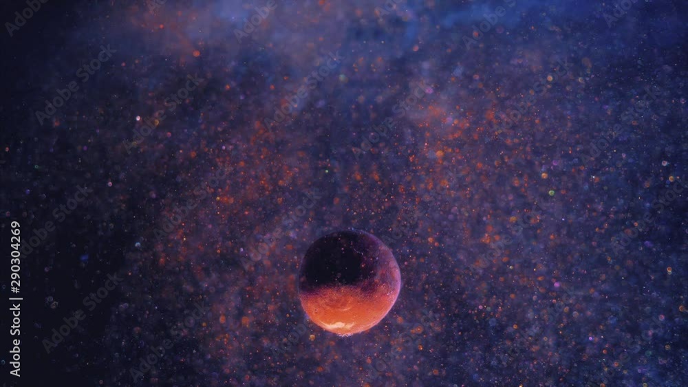 Planet in the space, one of its sides is shaded. Transparent nebula is ...