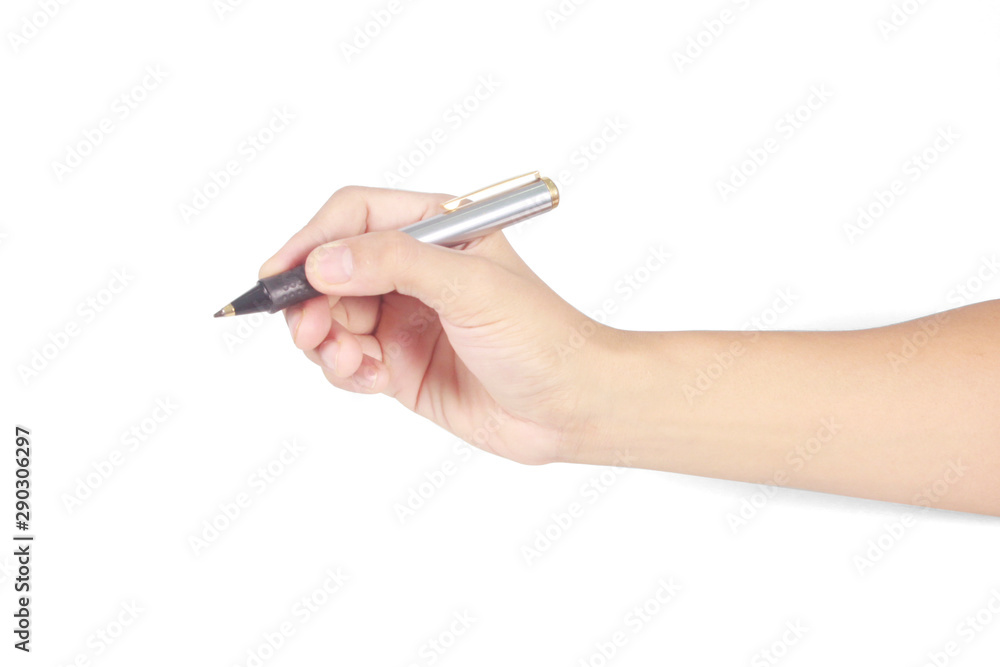 Hand with pen on white background Stock Photo | Adobe Stock