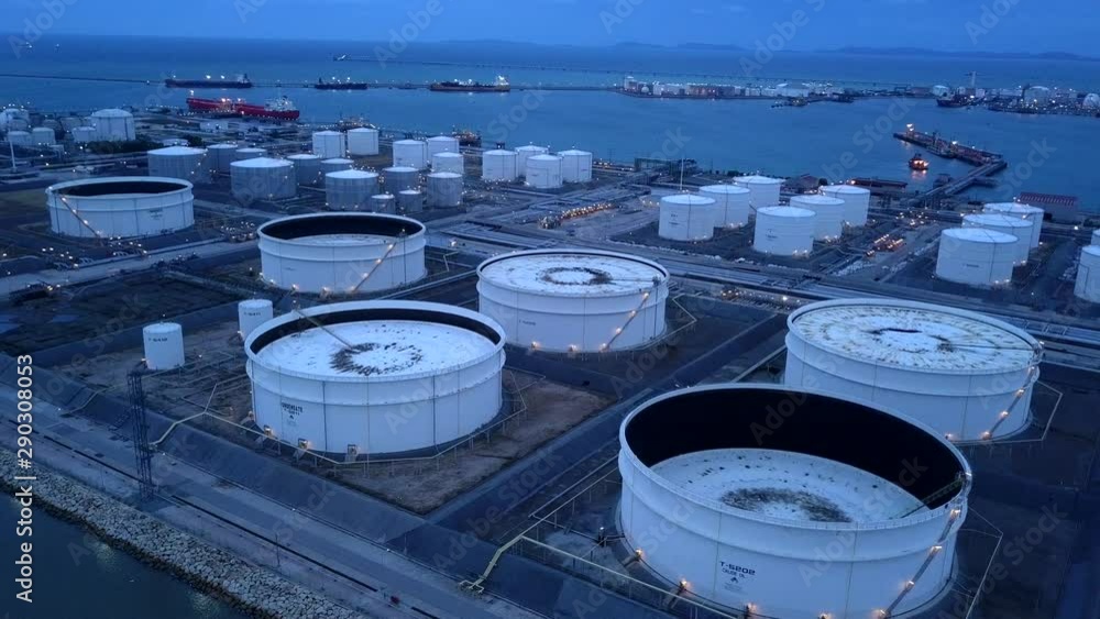 aerial view 4K of oil refineries plants, gas tank, oil tank storage in ...