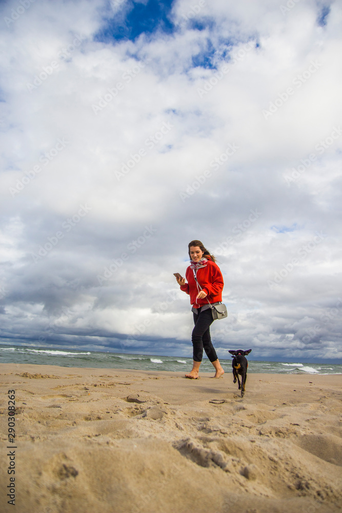 Piesek pinczer miniaturowy ratlerek bawi się z młodą dziewczyną na ...