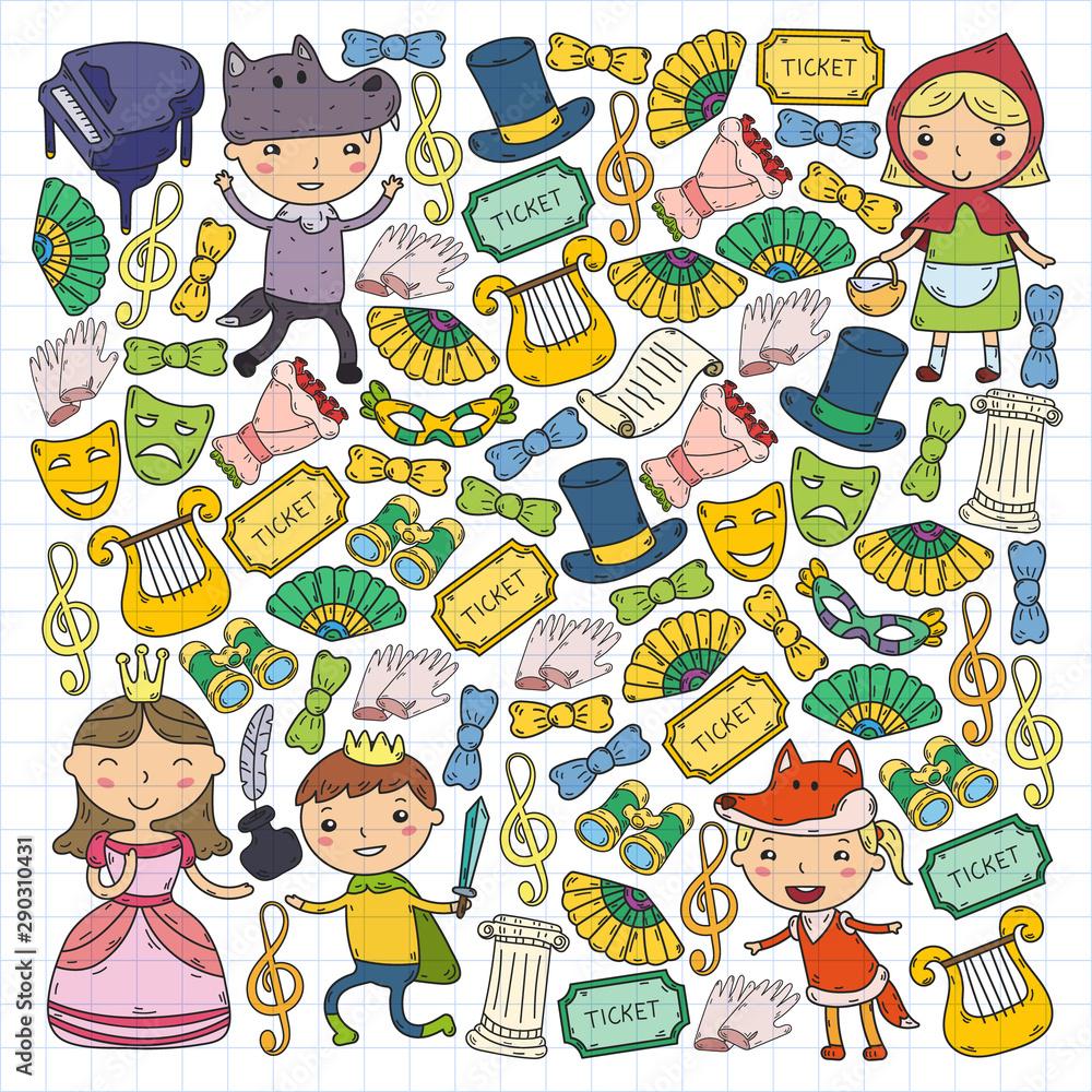 Children theatre patterns. Elements for design on the theatre. Doodles ...
