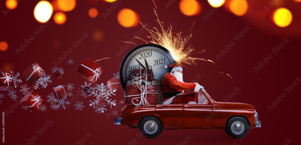 Christmas countdown arriving. Santa Claus on car delivering New Year ...