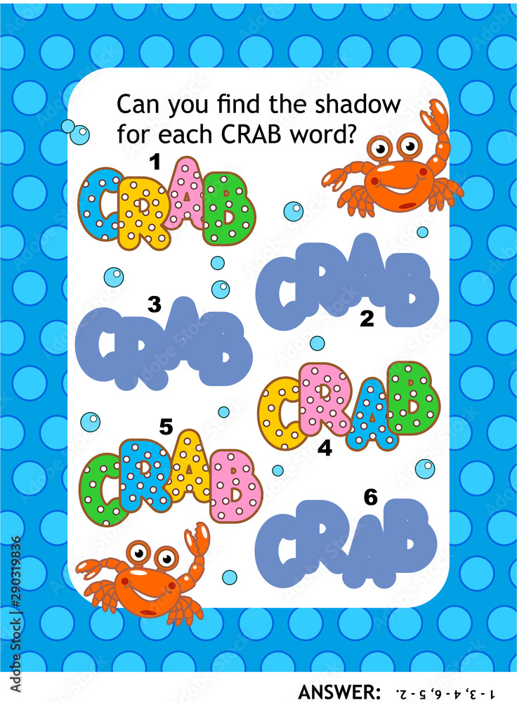 Shadow game with CRAB words. Answer included. Decorative blue polka-dot ...