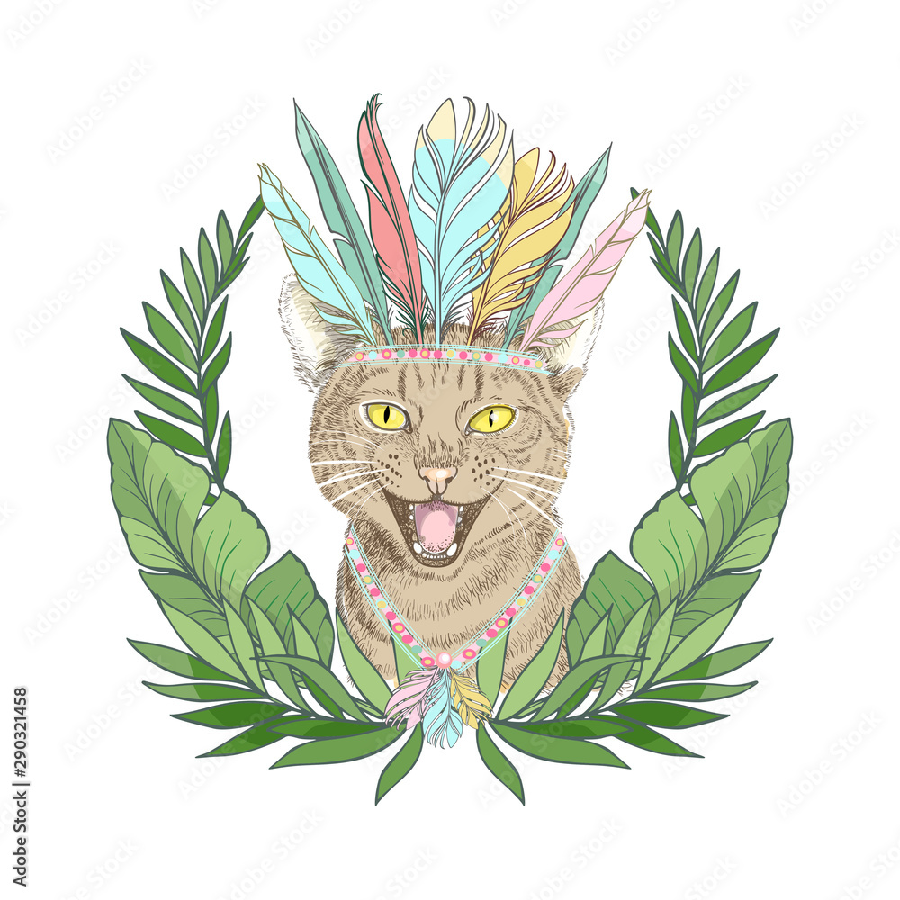 hand drawn sketch on the theme of hunting - screaming cat heads in oak ...