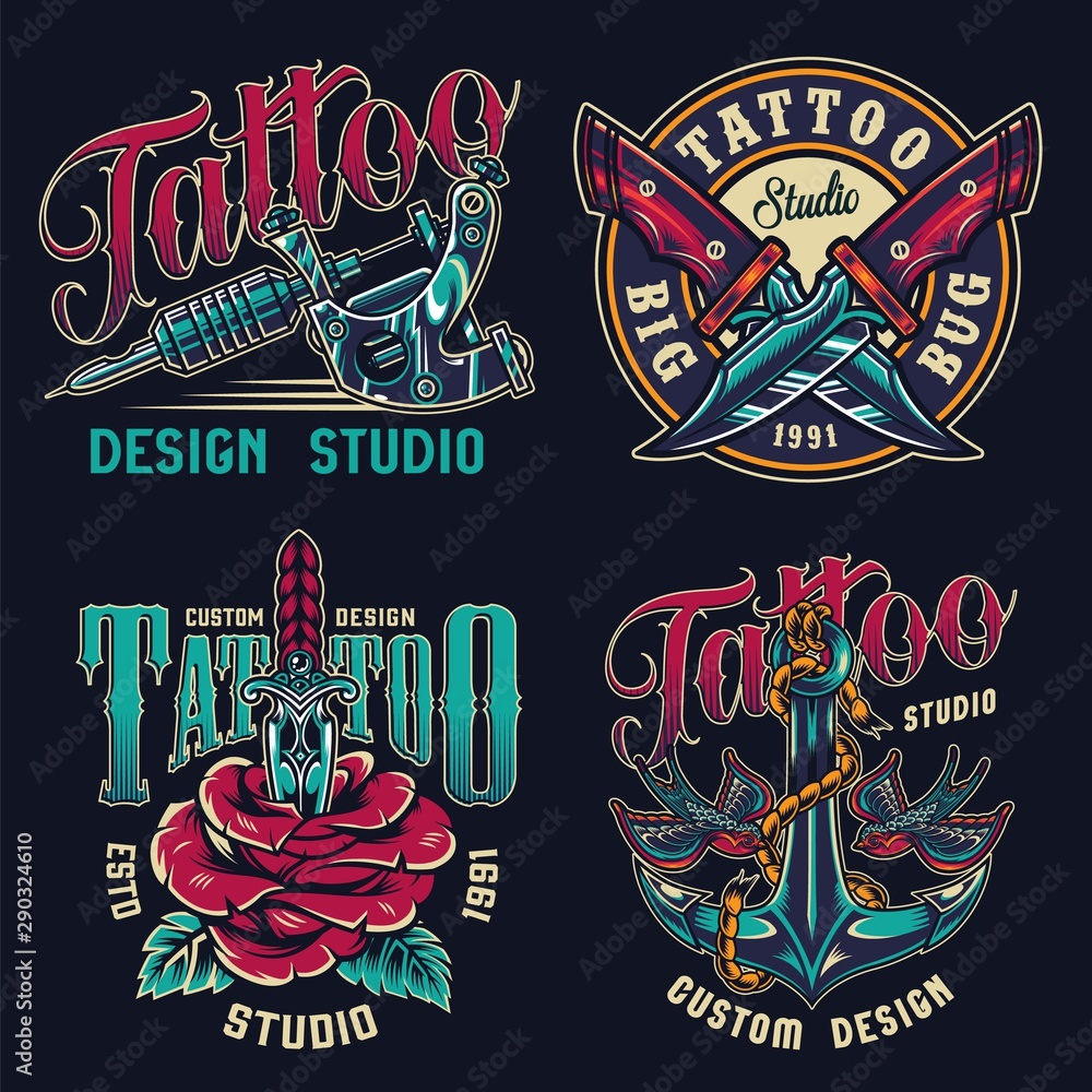 Vintage tattoo studio colorful labels Stock Vector | Adobe Stock