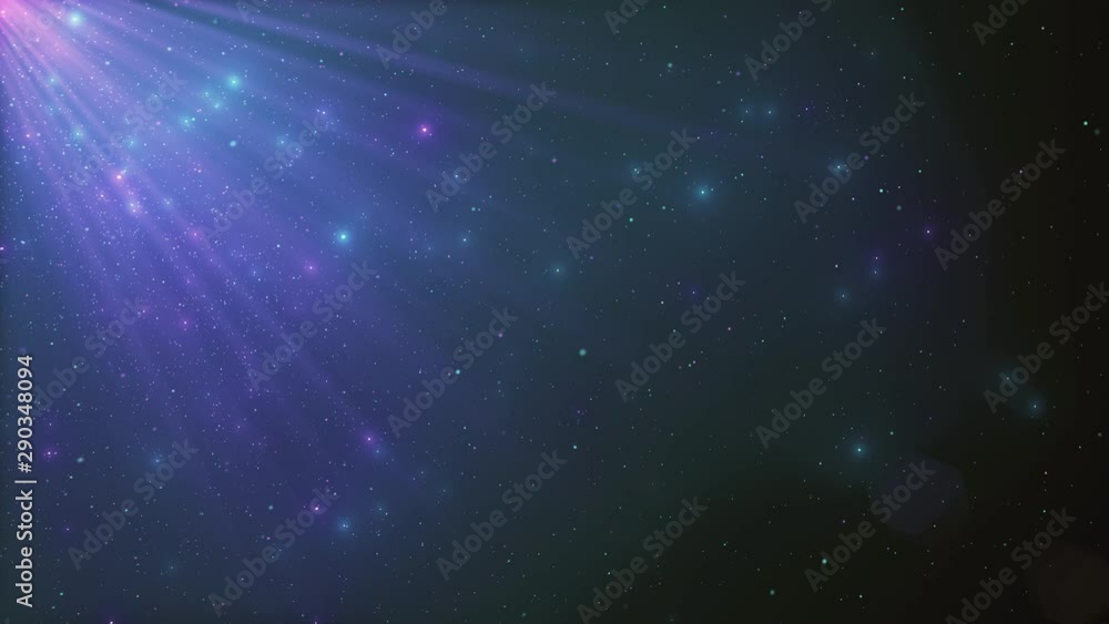 Abstract background of sparkling floating neon dust particles and rays ...