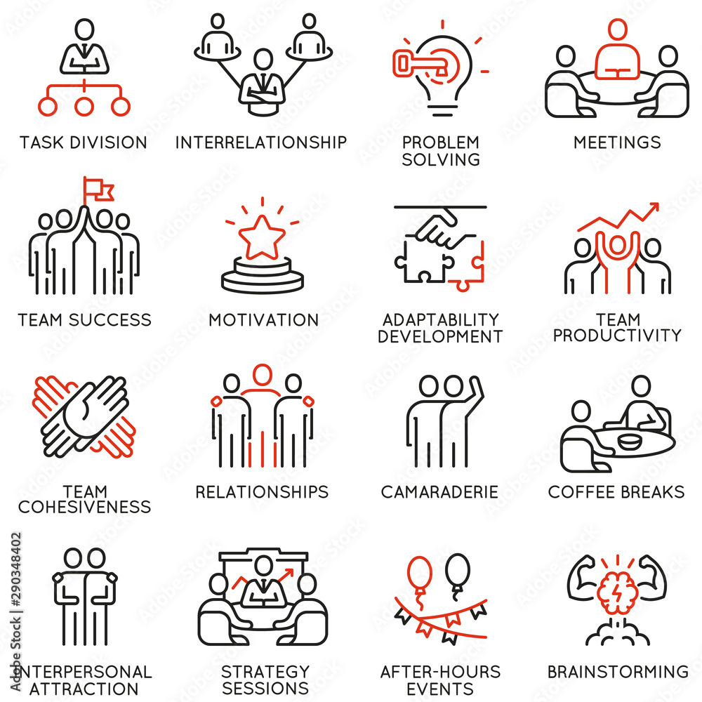 Vector set of linear icons related to team work, team leader and human ...
