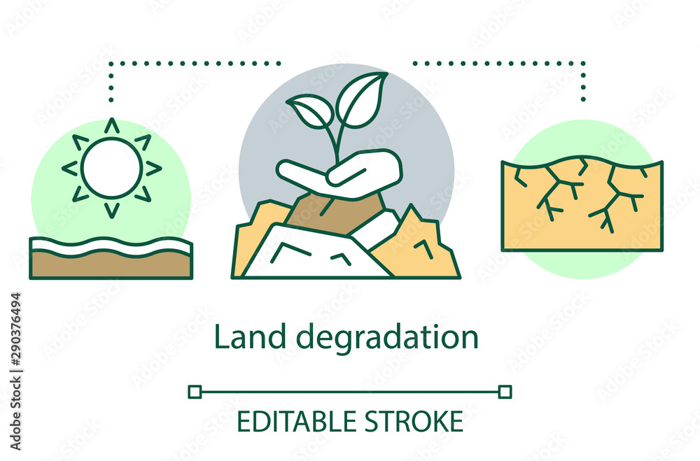 Land degradation concept icon. Soil erosion. Arid region. Dry hot ...