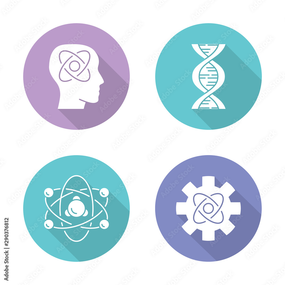 Physics branches flat design long shadow glyph icons set. Neurophysics ...