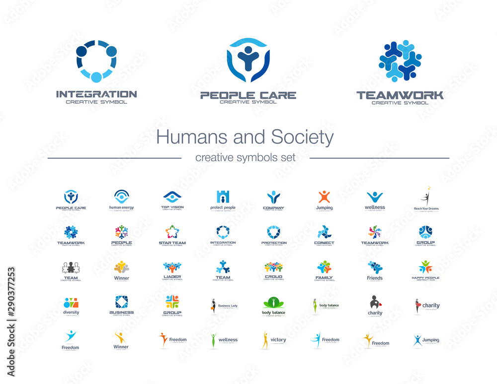 Humans group, Society creative symbols set. People protect, teamwork ...
