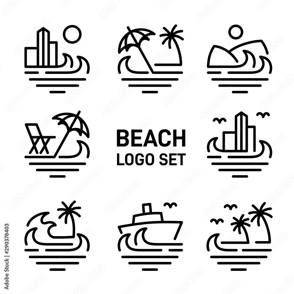 Simple modern beach line art illustration logo design. Ocean and wave ...