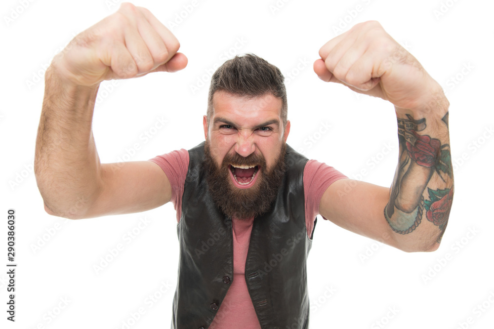 His tattoo is perfect. Angry man showing his arms with tattoo. Brutal ...