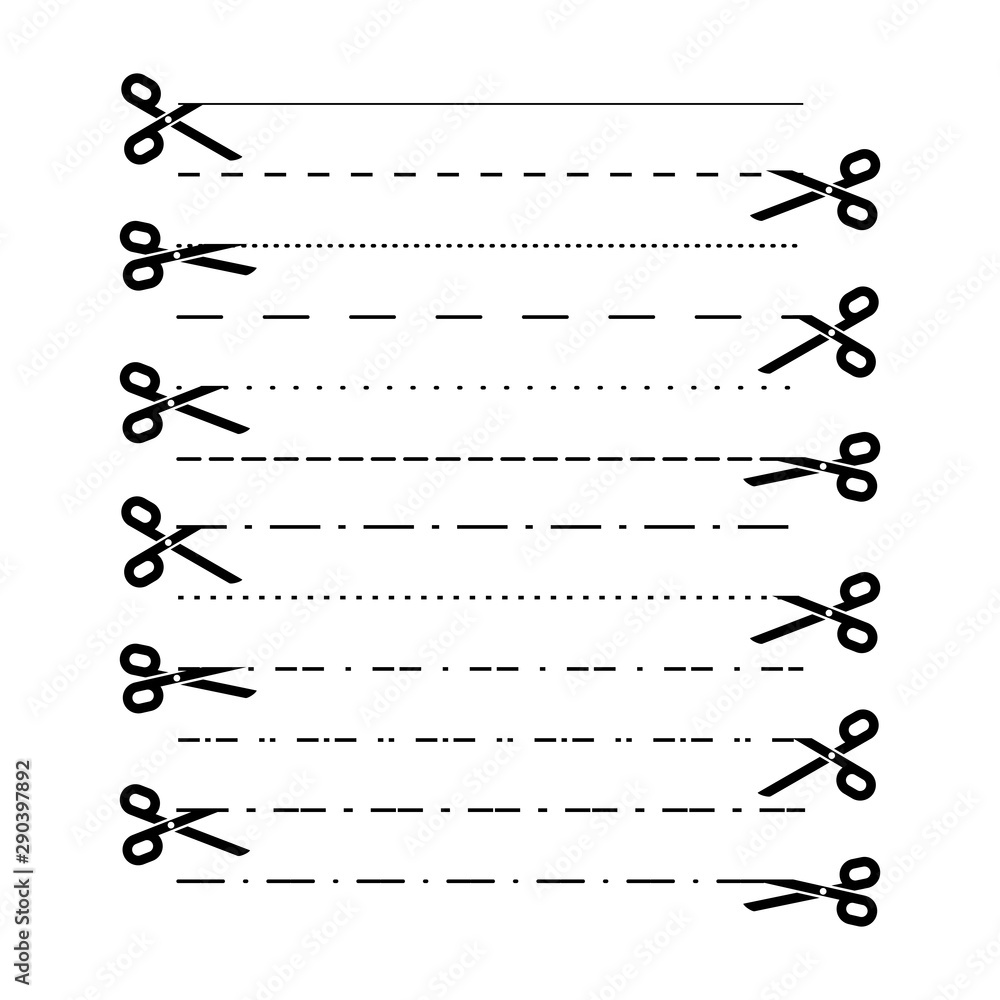 Scissors vectors with cut lines, dot, dashed lines. Dividing lines ...