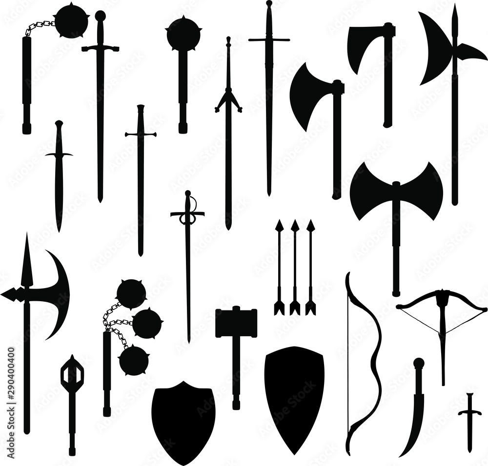 Vetor do Stock: Medieval weapons silhouette Clip Art. Vector Illustration Set. | Adobe Stock