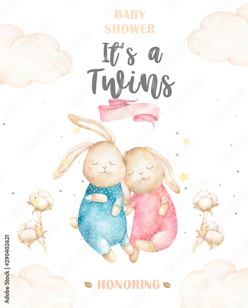 Cute watercolor Twins Bunny birthday greeting cards,posters for baby ...