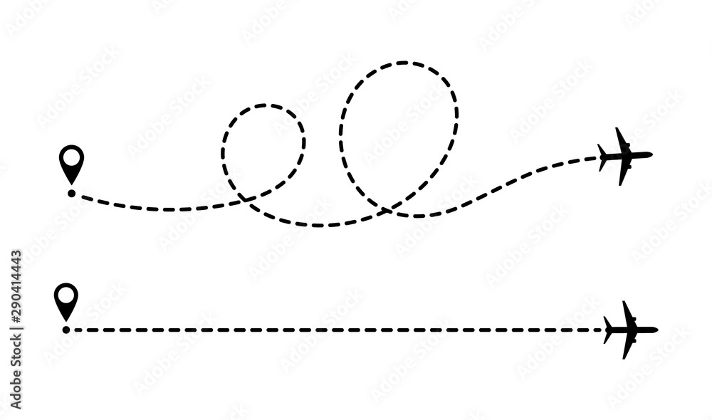Airplane line path route. Aircraft route dotted lines. Tourism and ...