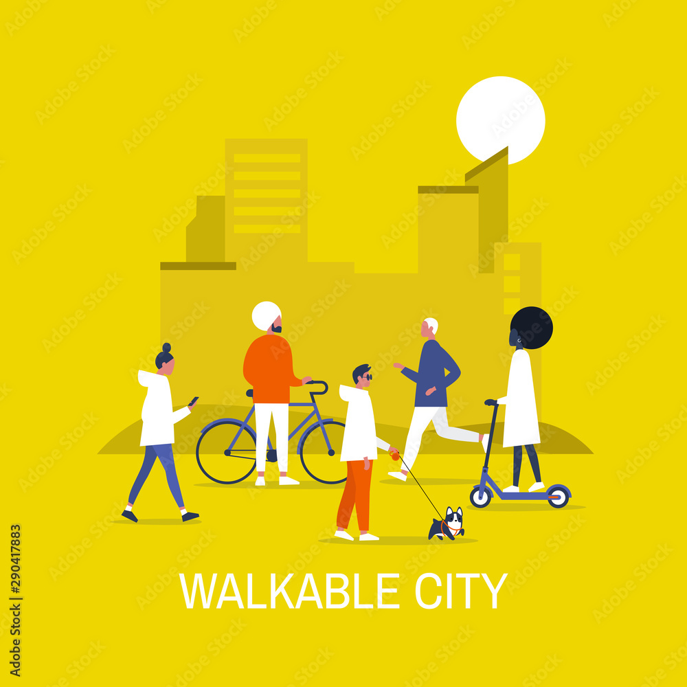 Walkable city. Diversity. Characters on bikes, electric scooters ...