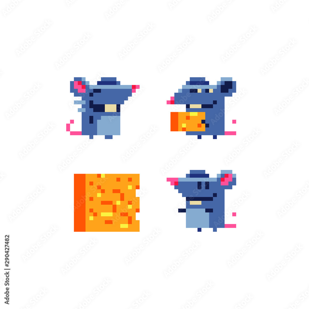 Mouse and cheese Happy New Year 2020. Pixel art icon. Rat eats a piece ...