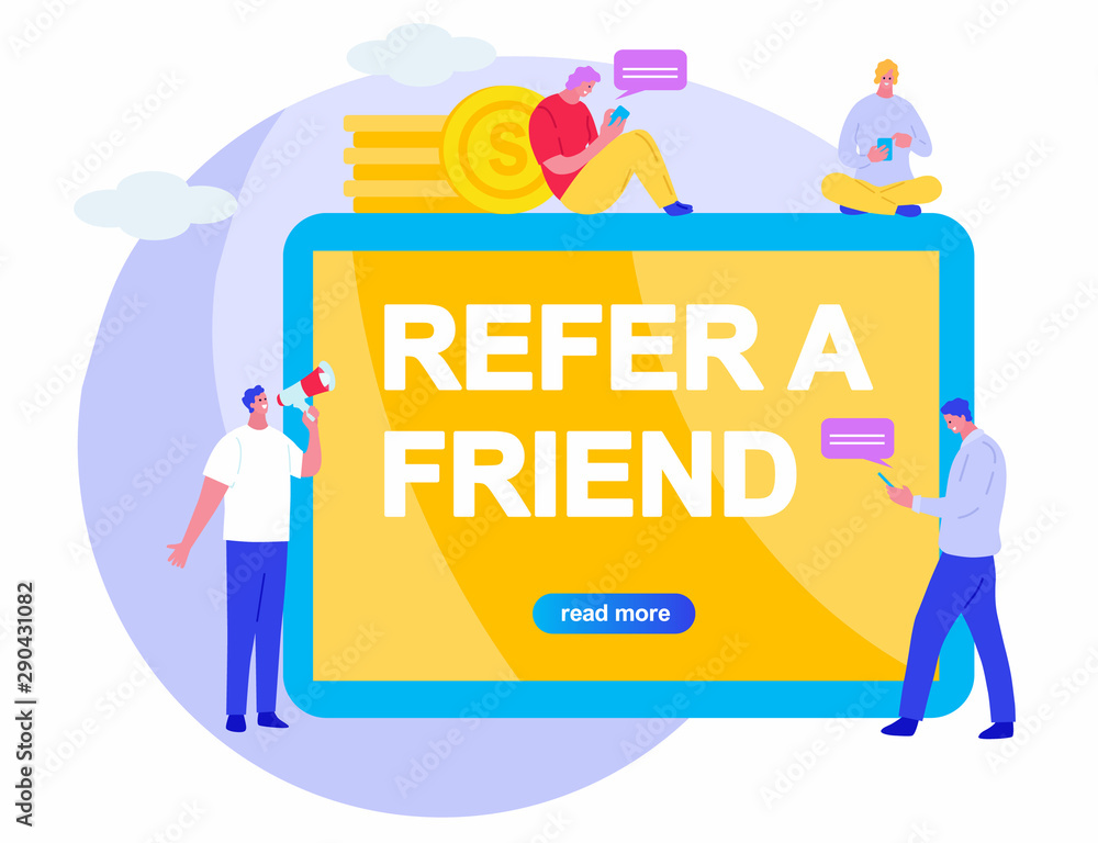 Refer a friend vector flat illustration concept, man shout on megaphone ...