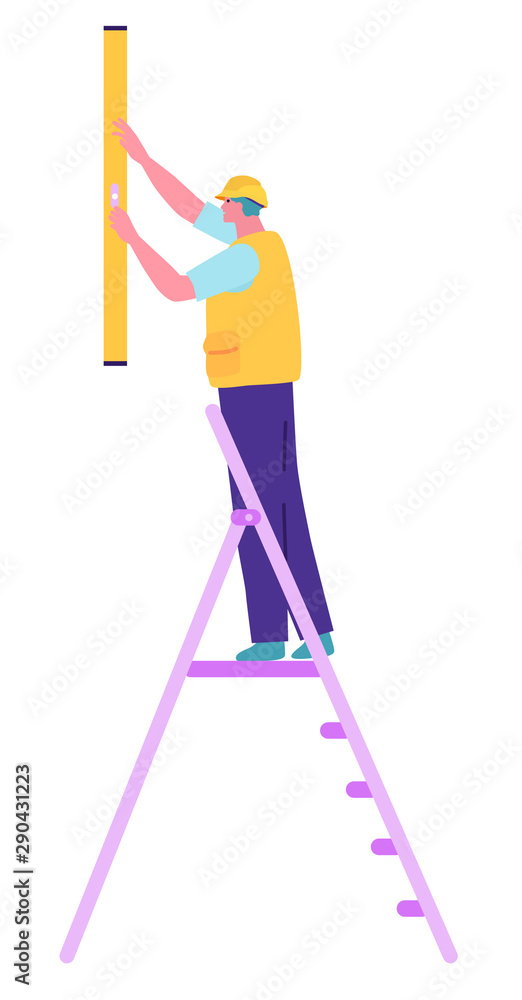 construction worker check the level on the wall standing on a ladder ...