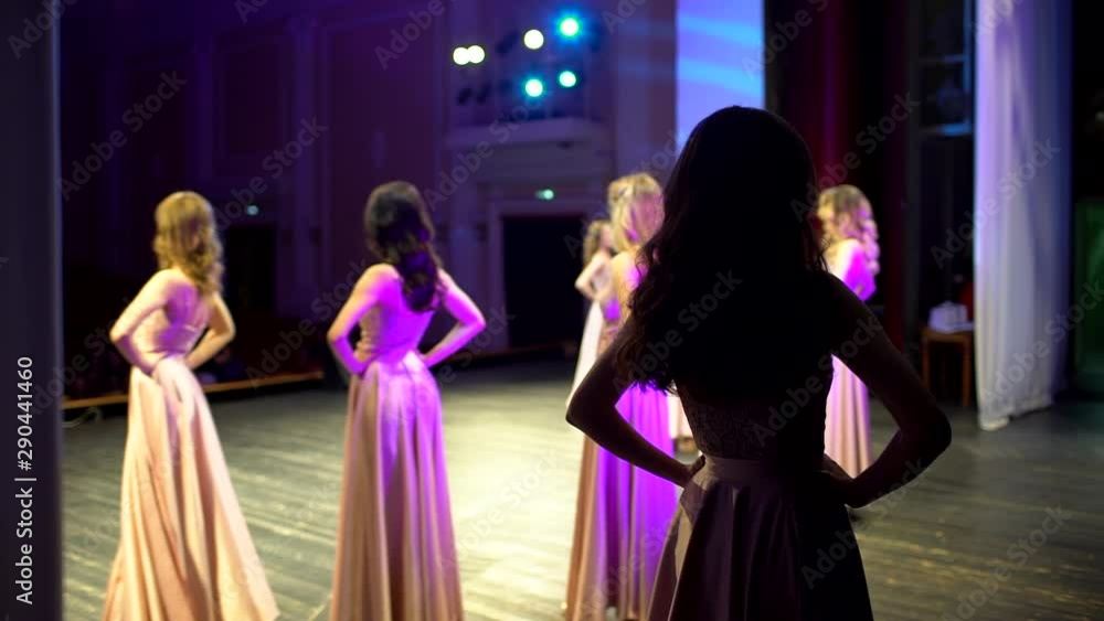 model backstage coming on stage. Woman young female girl model actress ...