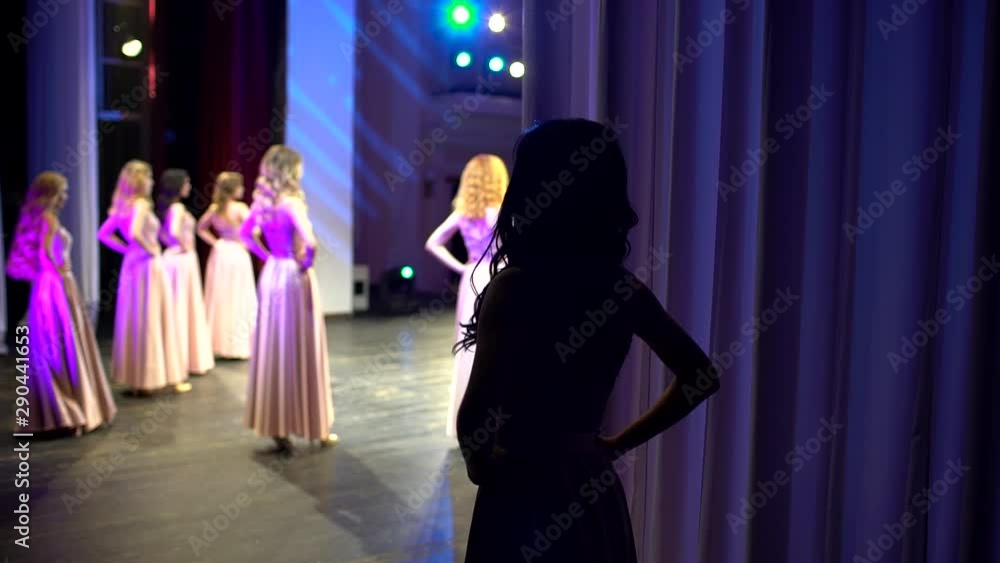 model backstage coming on stage. Woman young female girl model actress ...