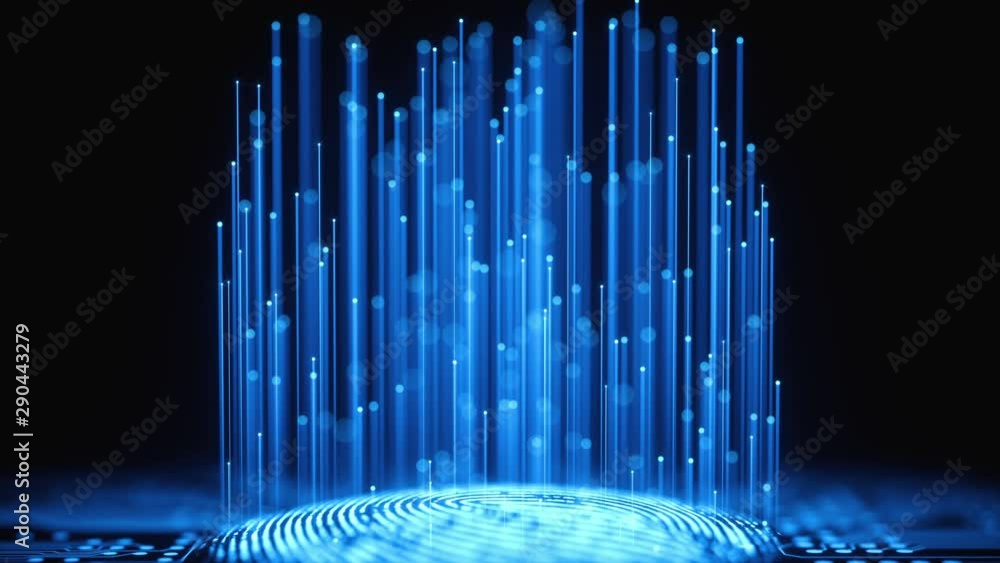 Fingerprint, printed circuit, releasing binary codes, microchip concept and data processing and ...