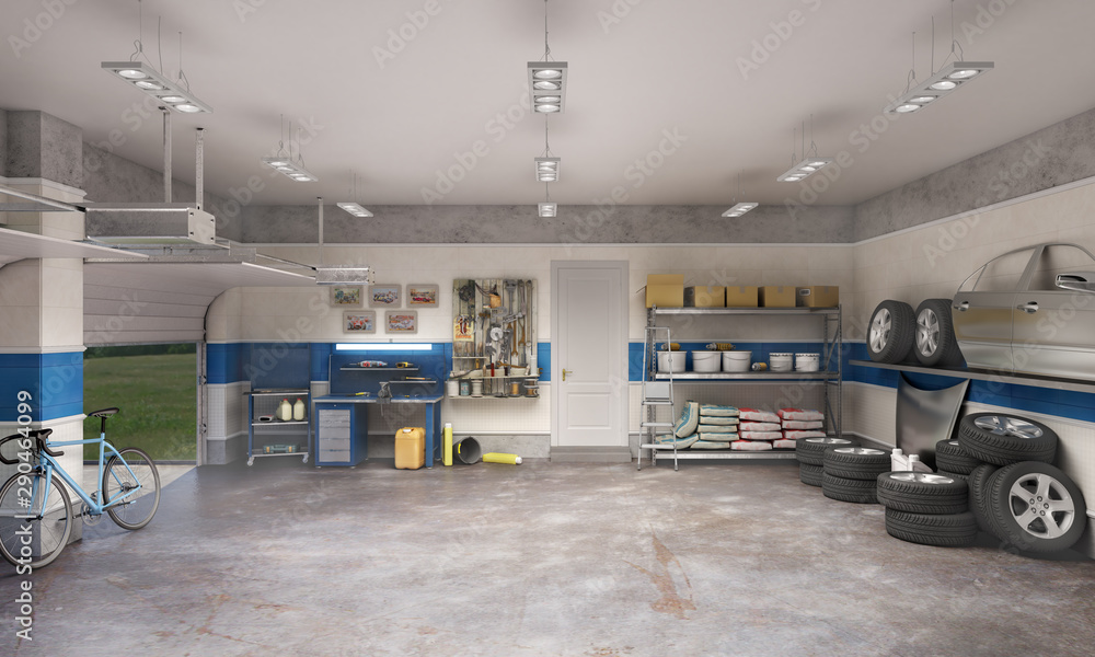 Large garage with workspace and car components, 3d illustration Stock ...
