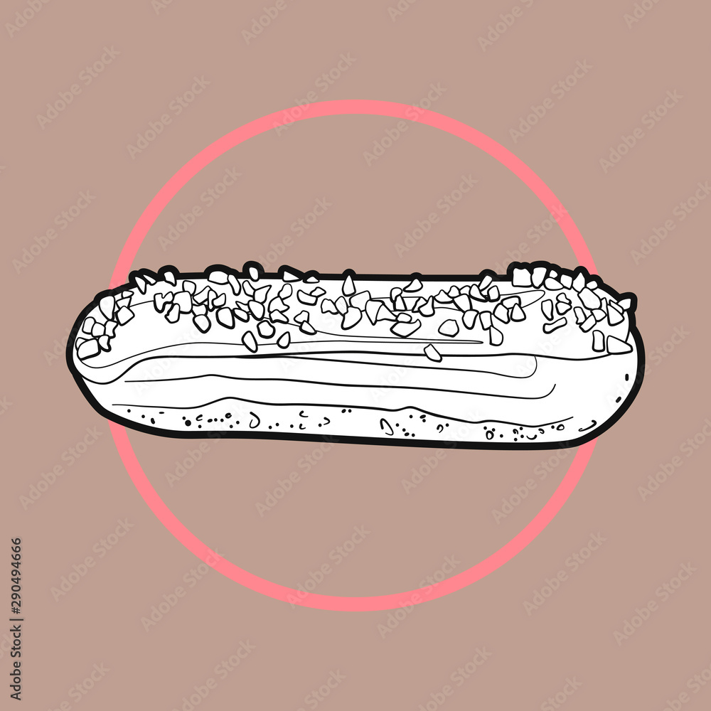 Hand-drawn black and white illustration of eclair with glaze on a beige ...