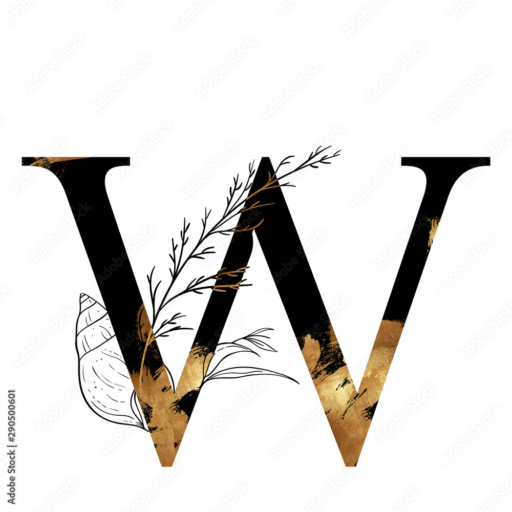 Exquisite nautical font with golden texture, flowers and sea elements ...