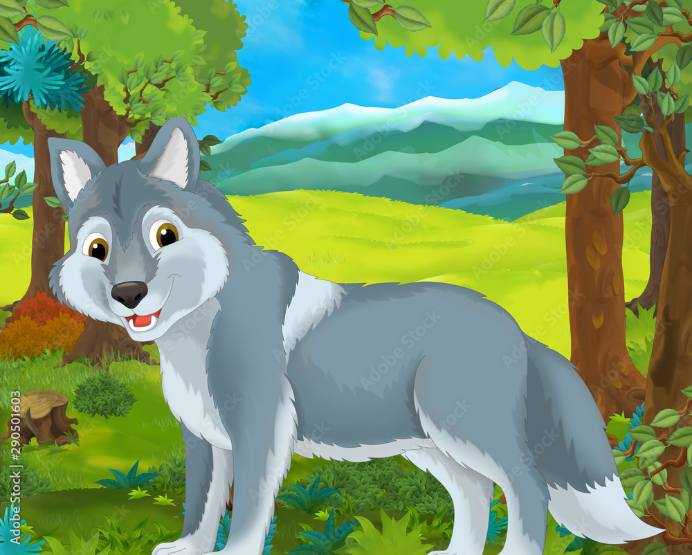 cartoon scene with happy and funny wolf in the forest - illustration ...