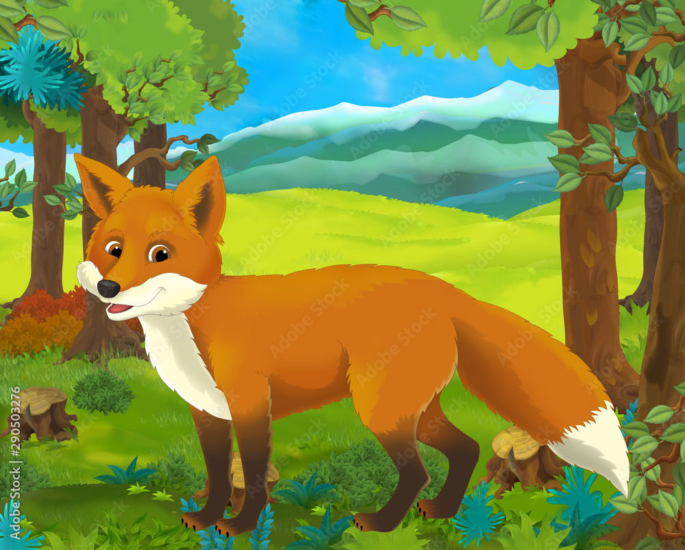cartoon scene with happy and funny fox in the forest - illustration for ...