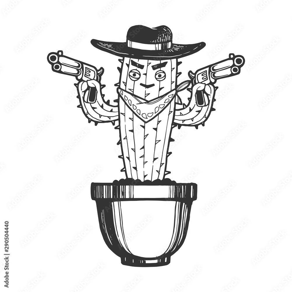 Cartoon mexican cactus character gangster bandit with pistol revolver ...