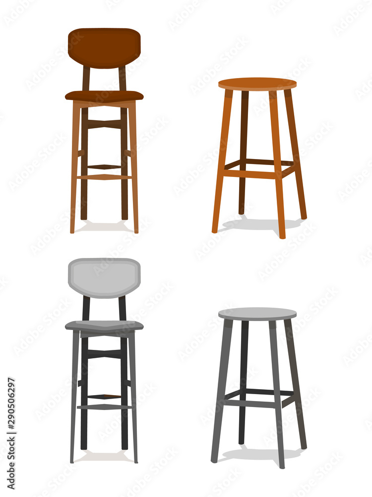 Vector set ocher, brown wooden and melallic bar stools with leather ...