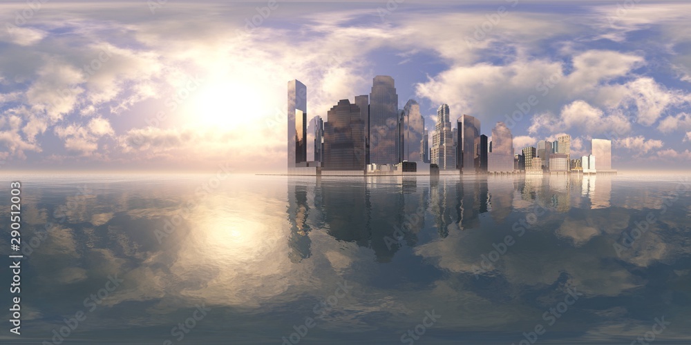 City on the sea. A modern city above the water. Environment map. HDRI ...