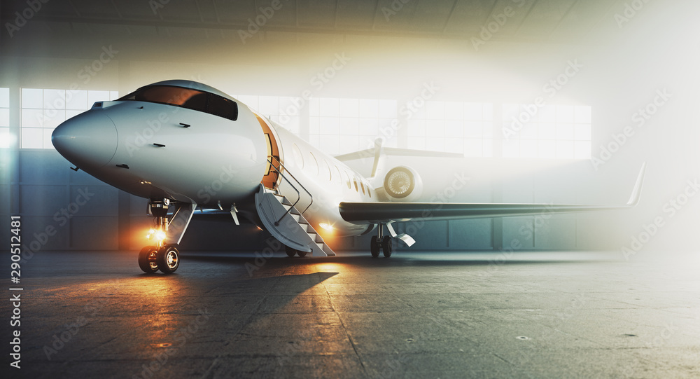 Business private jet airplane parked at maintenance hangar and ready ...
