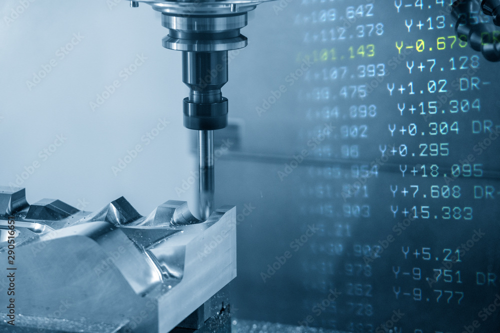 The abstract scene of the G-code data background and the CNC milling ...