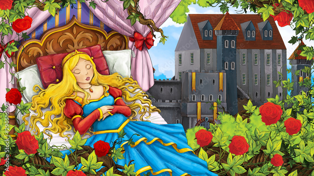 Cartoon scene of rose garden with sleeping princess near castle in the ...