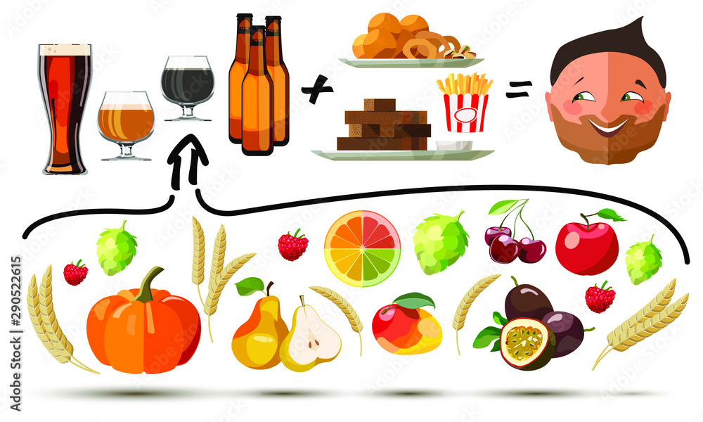 Ingredients of Beer, flavor of cider, snacks, happy brewer, set icons ...