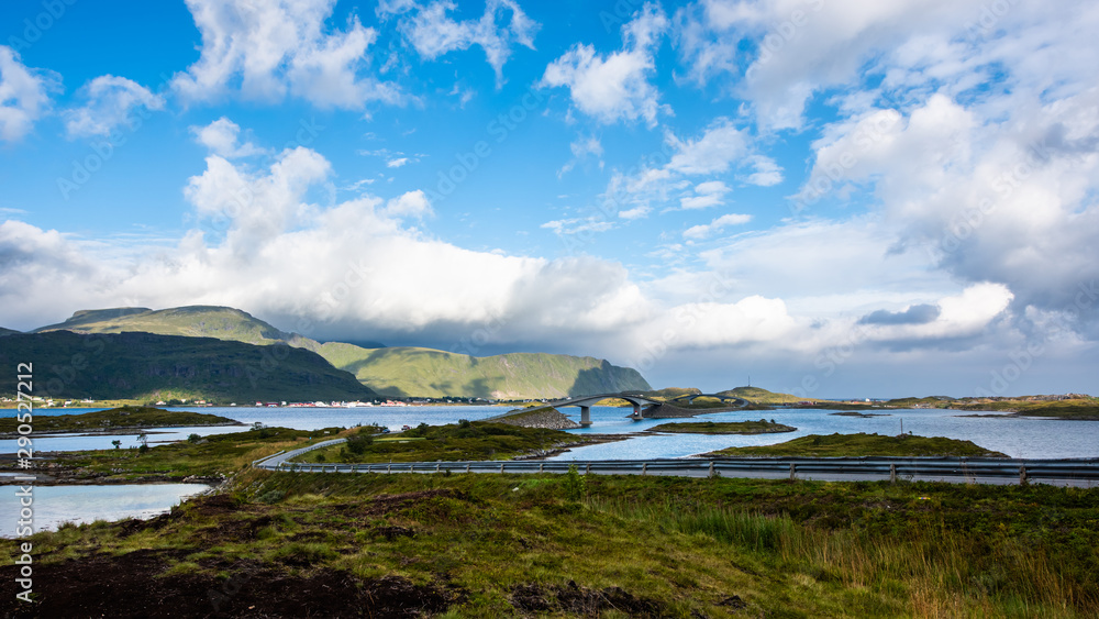 Landscape panoramic view to Fredvang bridge, Torvoya and buoya islands ...