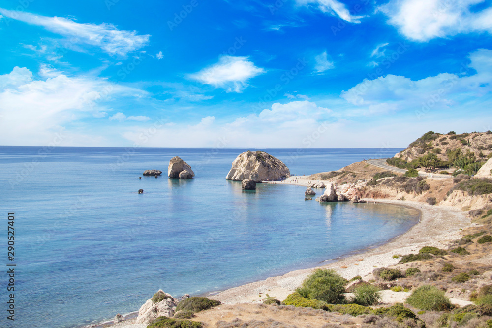 Beautiful view of the birthplace of Aphrodite in Cyprus. Petra tu ...