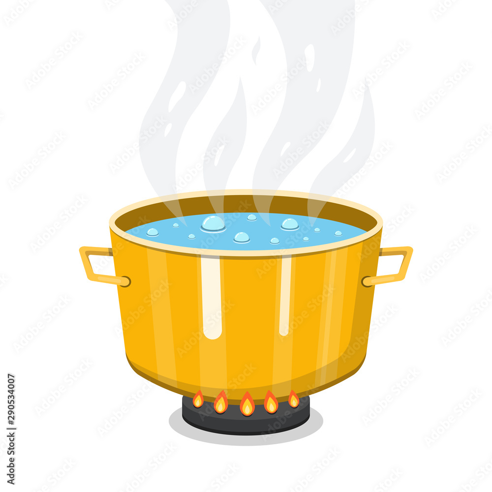 Boiling water in pan. Cooking pot on stove with water and steam. Flat ...