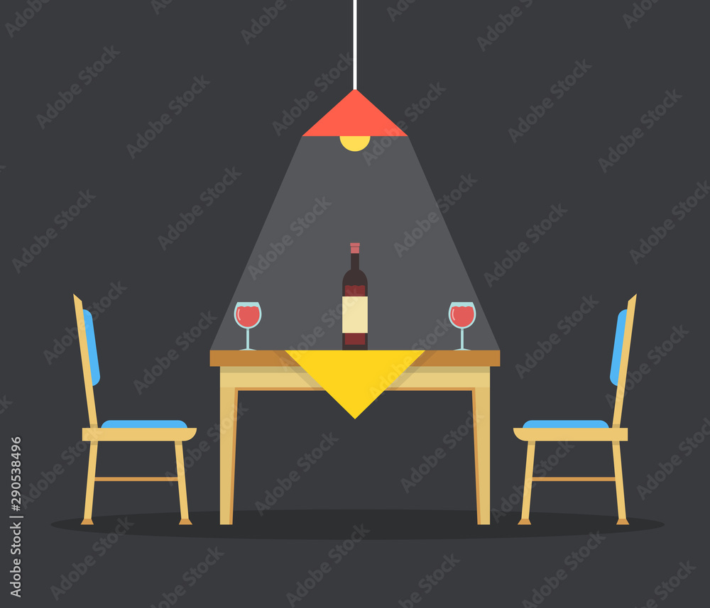 Dining table with bottle of wine and two glasses on it. Dining table ...