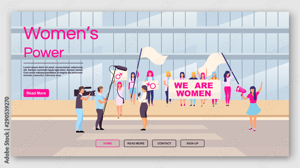 Women power landing page vector template. Feminist protest website ...